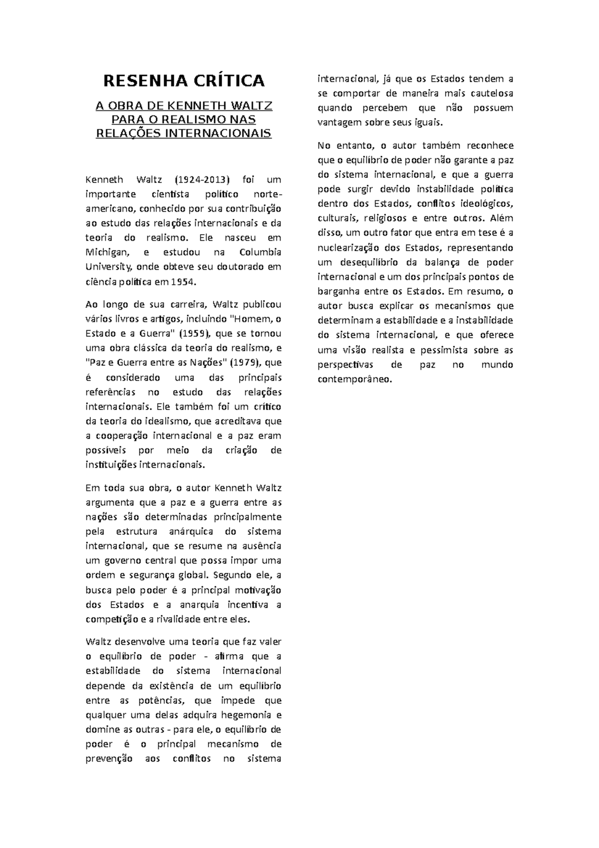 Resenha Crítica - kenneth waltz - RESENHA CRÍTICA A OBRA DE KENNETH ...