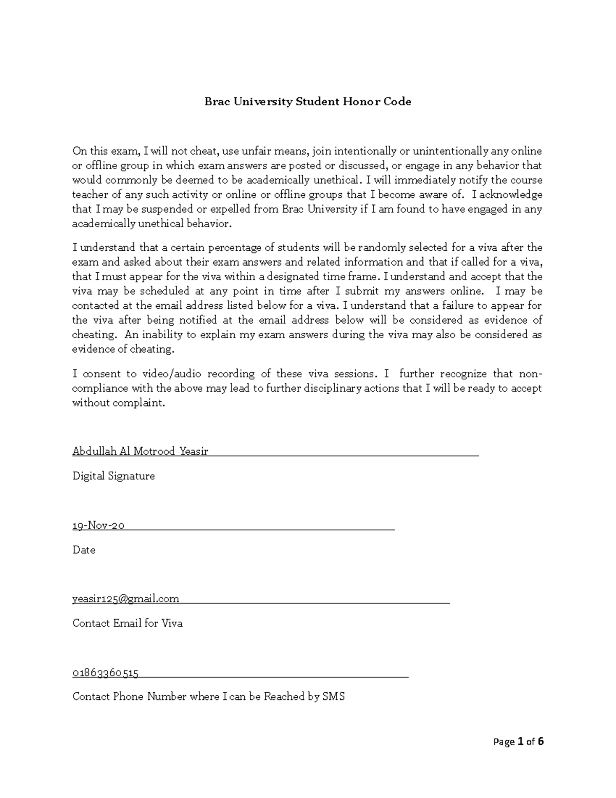 2010 9037 BUS101 07 Midterm - Brac University Student Honor Code On this exam, I will not cheat ...