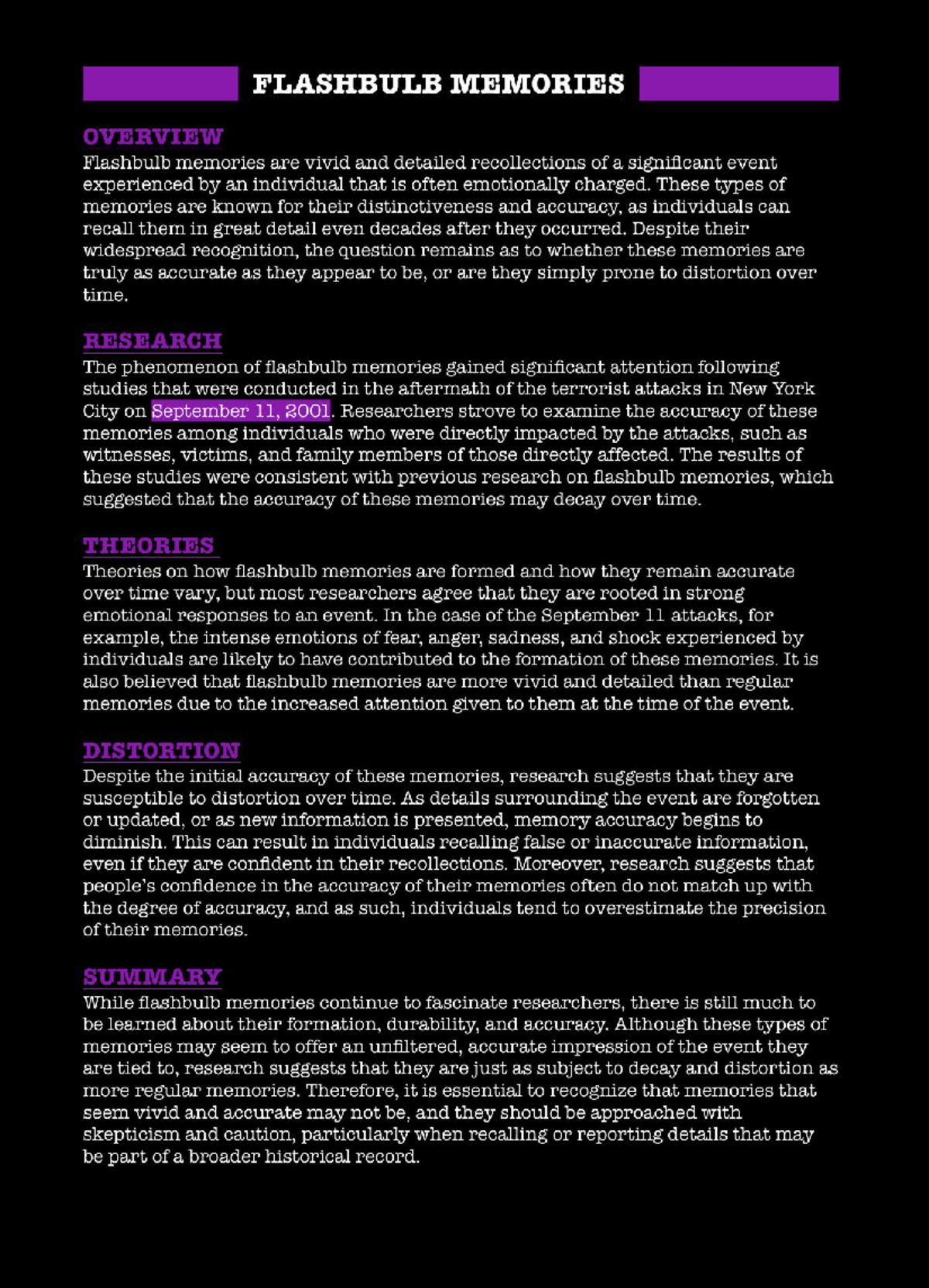 Summary: Flashbulb Memories - 8638 - Studocu
