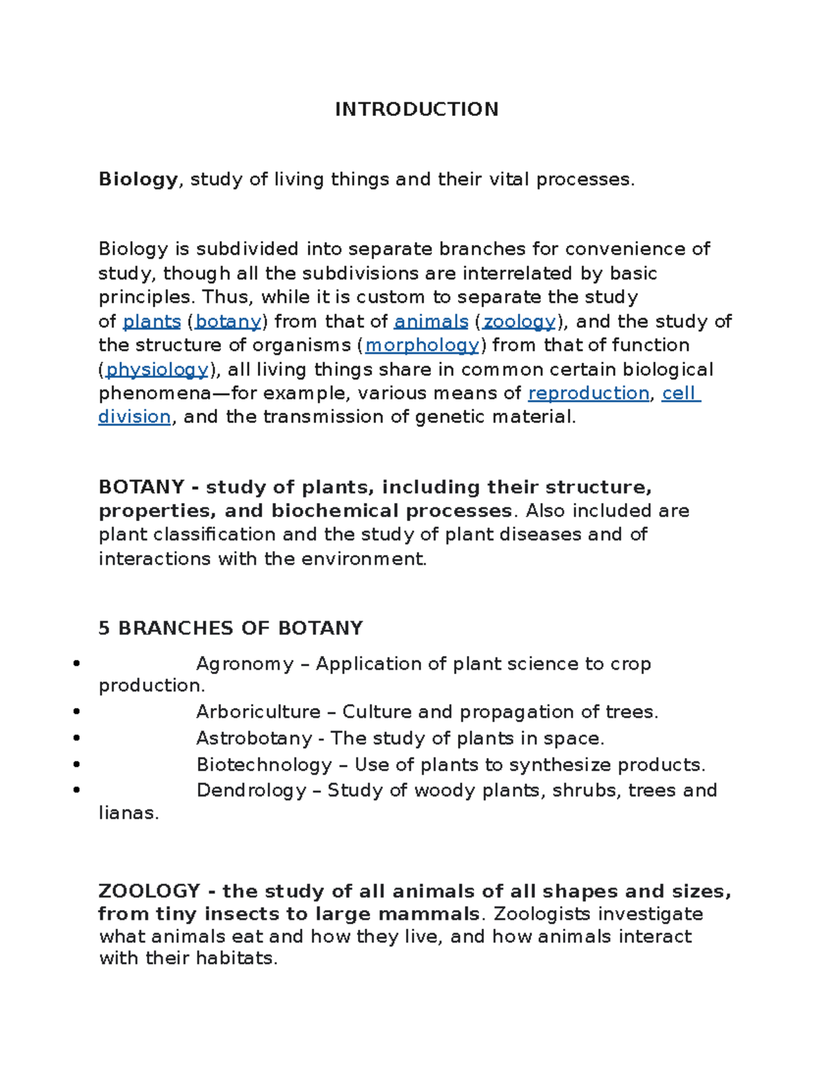 Intro in biology - STUDY OF BIOLOGT: BOTANY - INTRODUCTION Biology ...