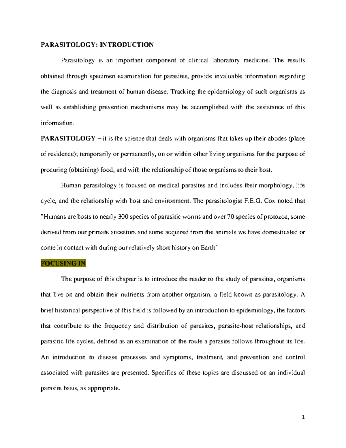 Parasitology Compilation Project and act - PARASITOLOGY: INTRODUCTION ...