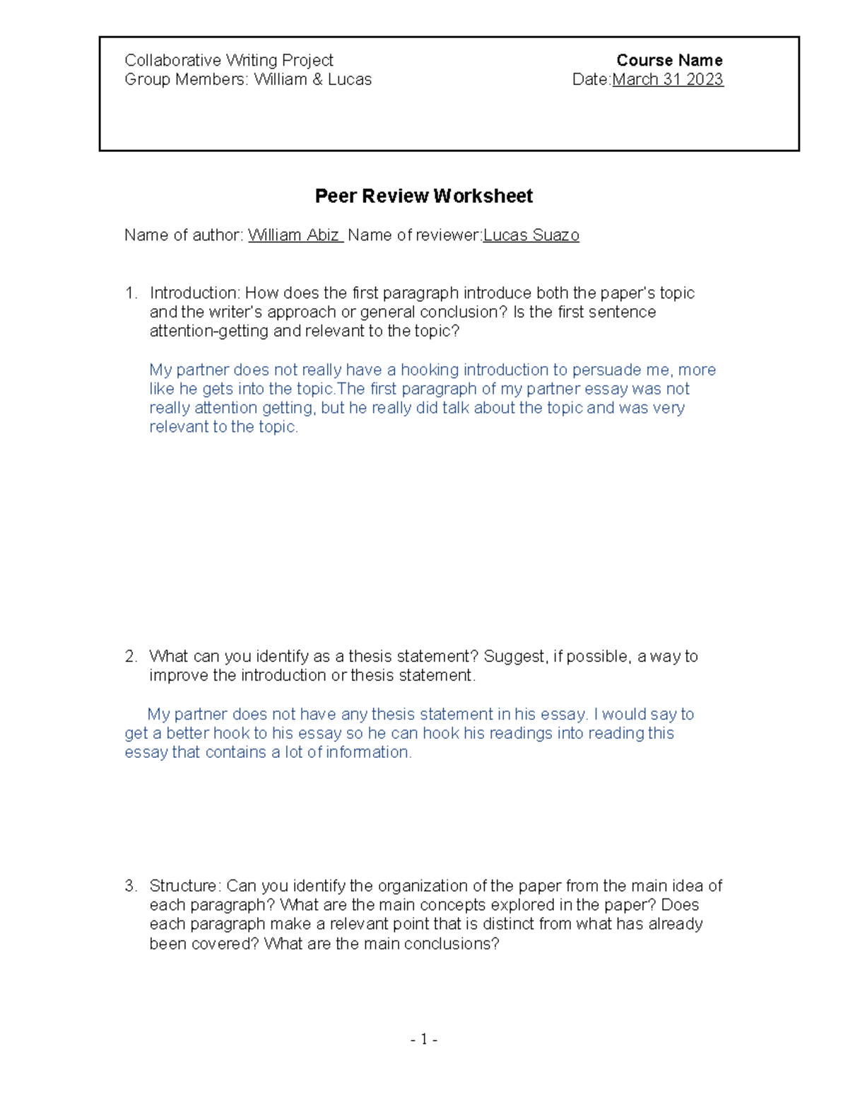 Copy of Collab Writing PEER Review Worksheet - Collaborative Writing ...
