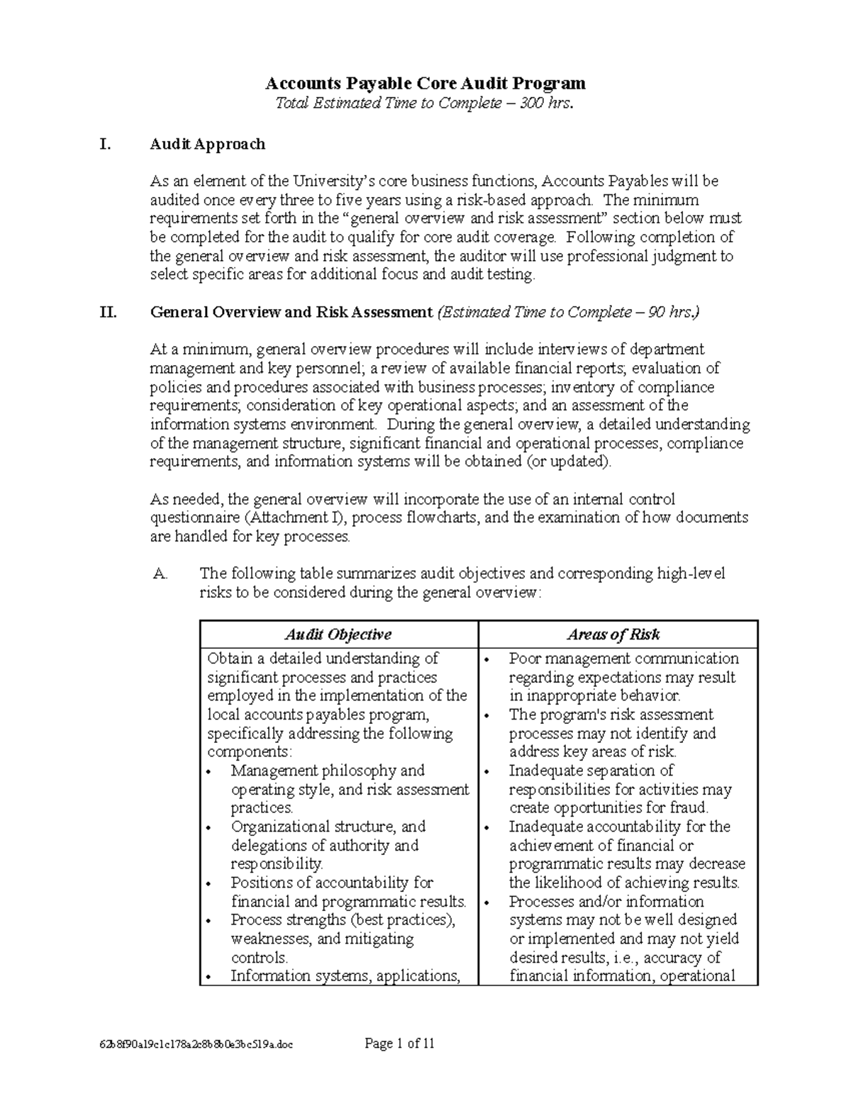 UCOP - Accounts Payable Audit Program - Total Estimated Time to ...