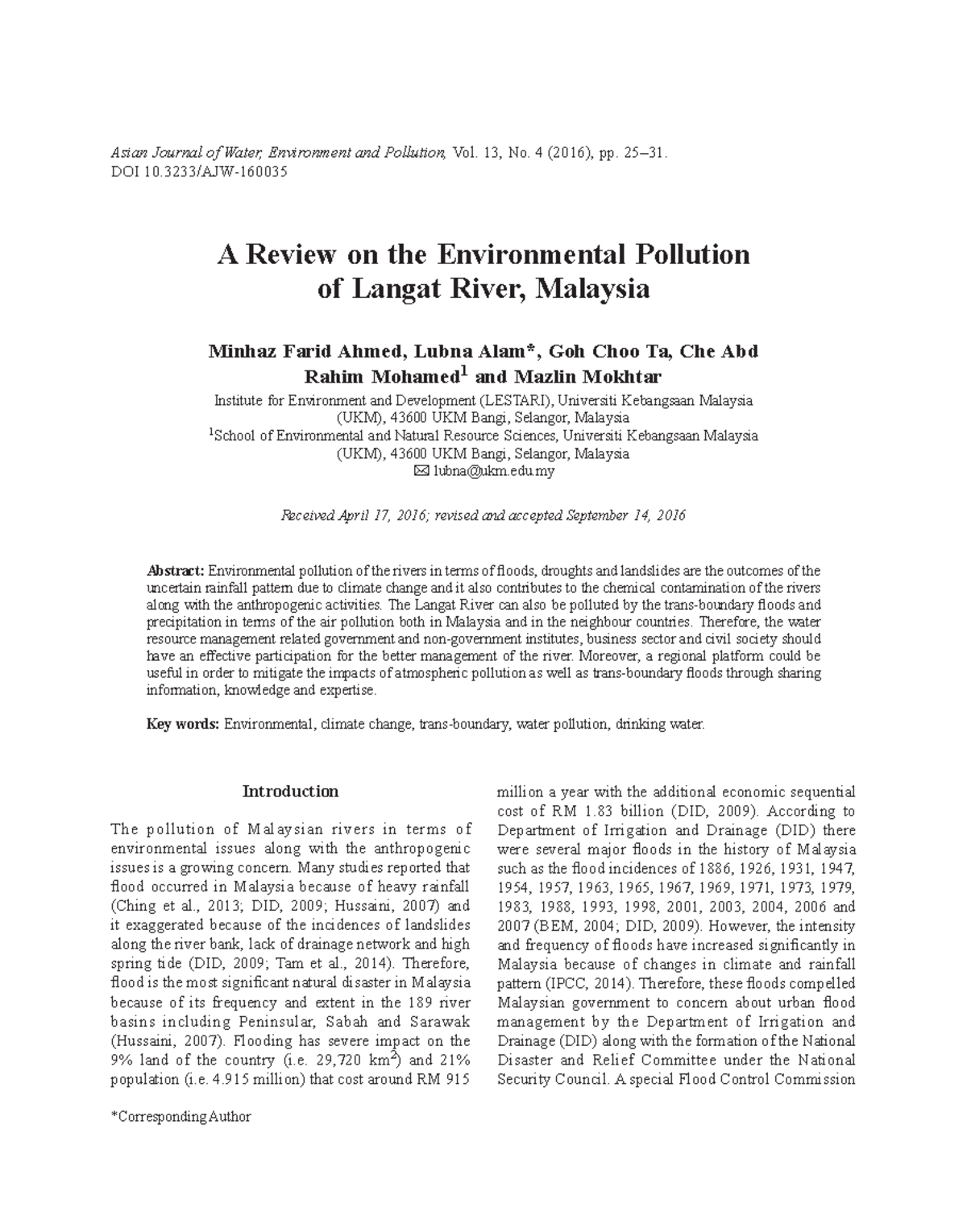 A Review on the Environmental Pollution - Asian Journal of Water ...