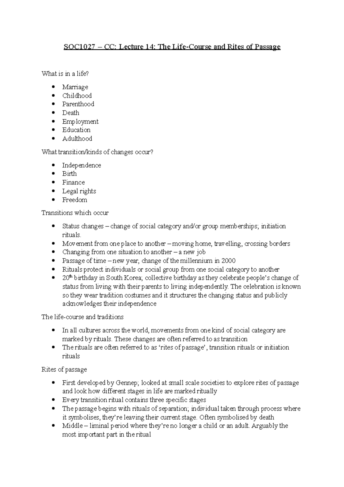 Lecture 14 Rites of Passage - SOC1027 – CC: Lecture 14: The Life-Course ...
