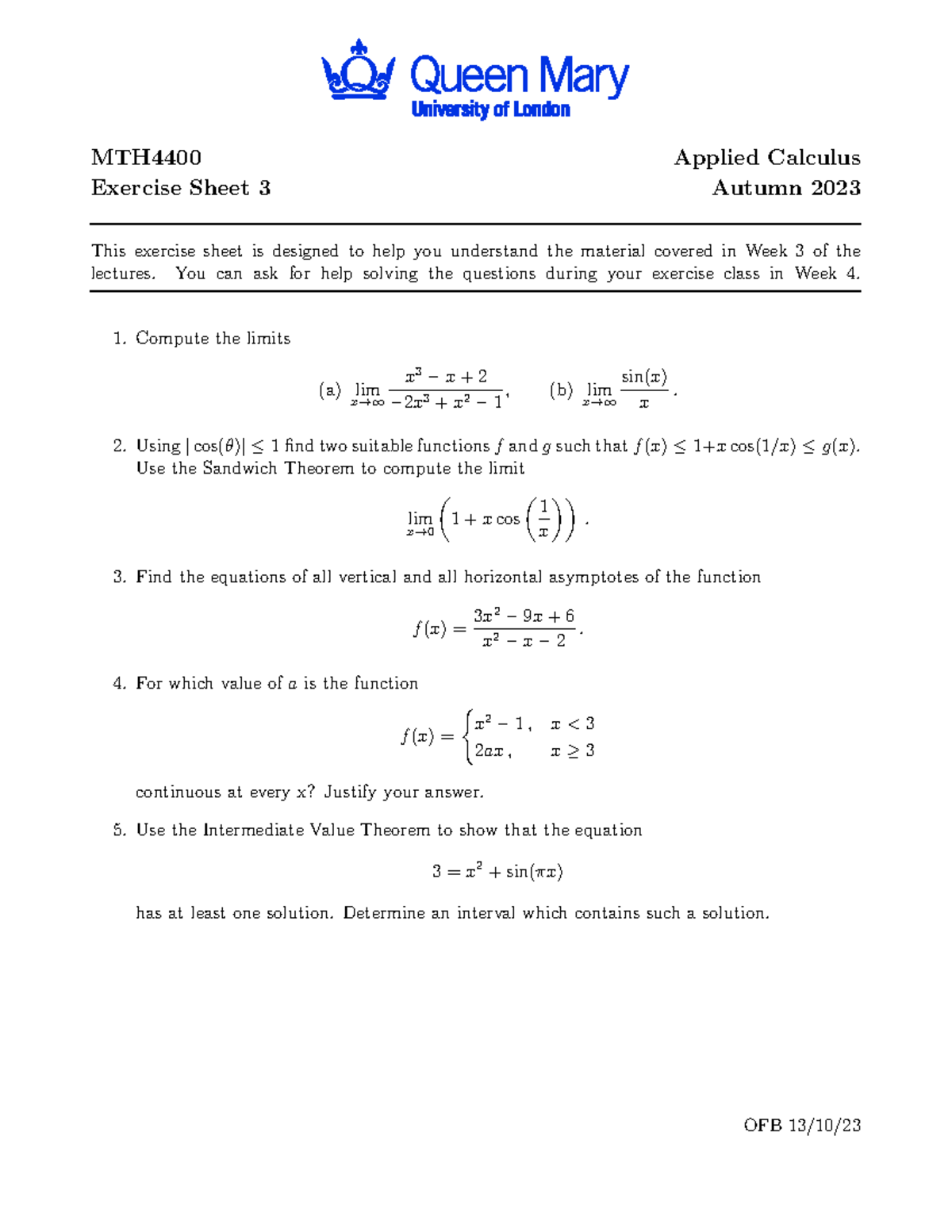 Cw3 2023-10-21 12 22 49 - This is the cv for calculus - MTH4400 Applied Calculus Exercise Sheet ...