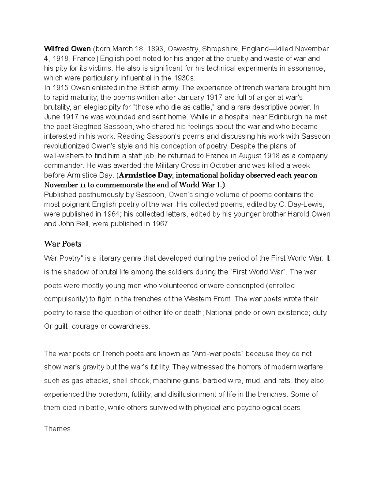 Wilfred Owens, Anti-war poets - Wilfred Owen (born March 18, 1893, Oswestry, Shropshire, - Studocu