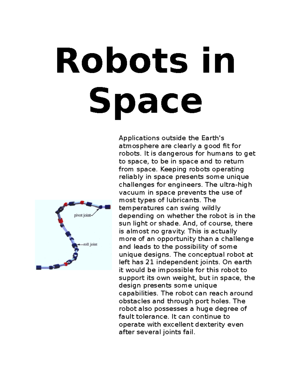 Robots in Space - Robots in Space Applications outside the Earth's ...