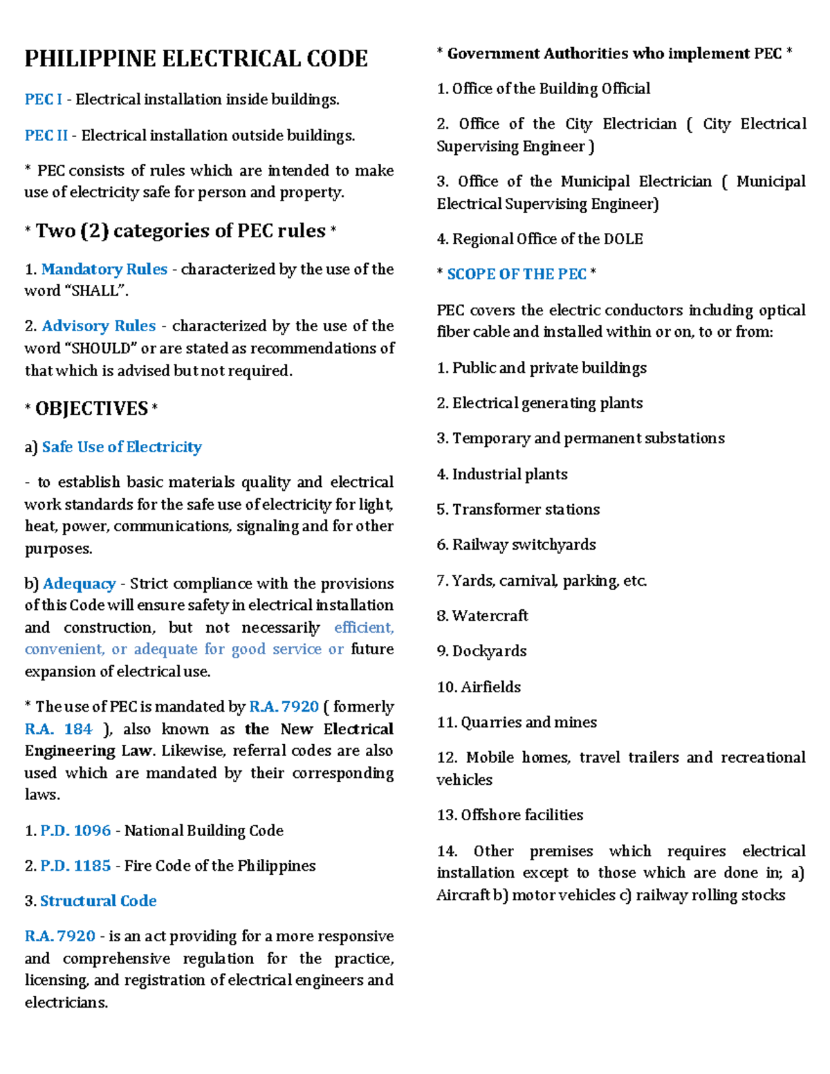 Pec-summarydocx compress - PHILIPPINE ELECTRICAL CODE PEC I ...