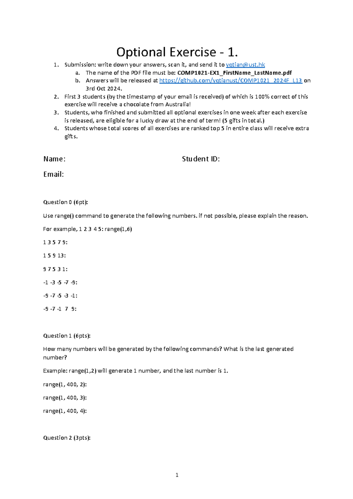 Optional Exercise 1 Sep 26 - 1 Optional Exercise - 1. Submission: write down your answers, scan ...