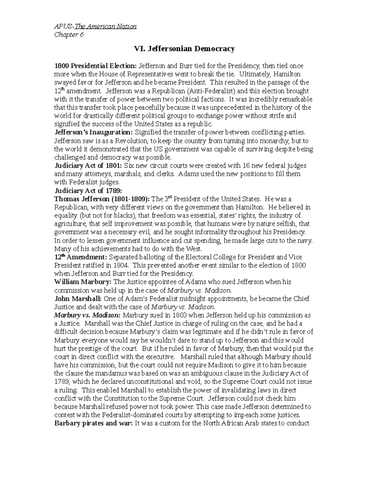 6-textbook notes - Chapter 6 VI. Jeffersonian Democracy 1800 ...