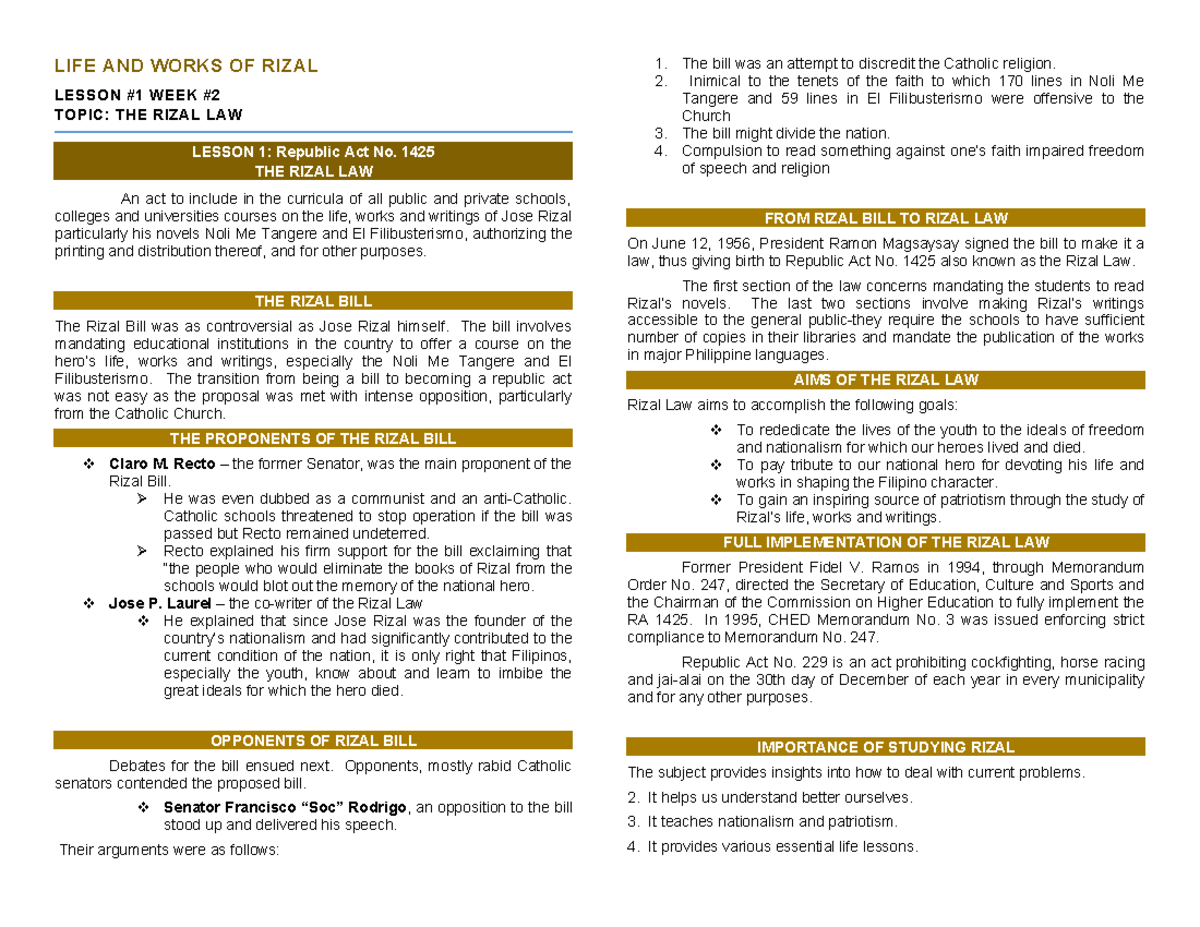 LWR Lecture - Life and works of Rizal - LIFE AND WORKS OF RIZAL LESSON ...