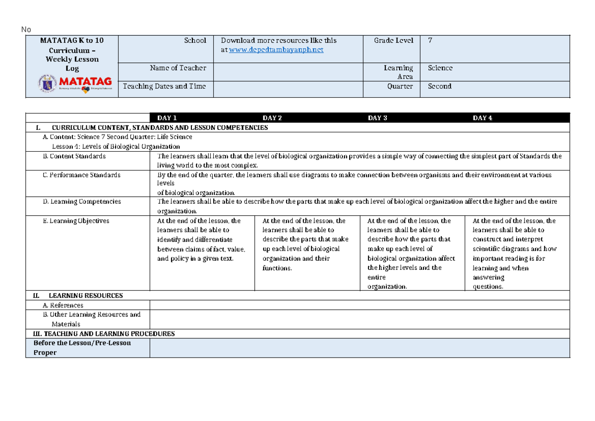 Official Matatag Weekly Lesson Log Format - No MATATAG K to 10 ...