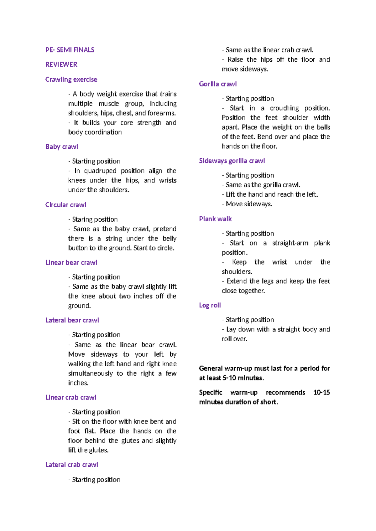 PE- Crawling - PE- SEMI FINALS REVIEWER Crawling exercise - A body ...