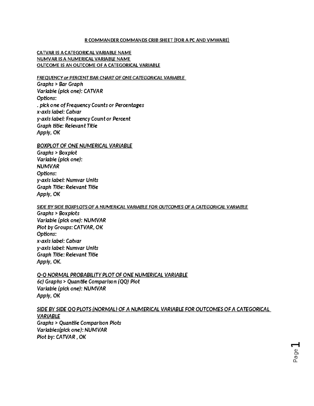 R Commands Summary Cribsheet 1 R Commander Commands Crib Sheet For A Pc And Vmware Catvar Is