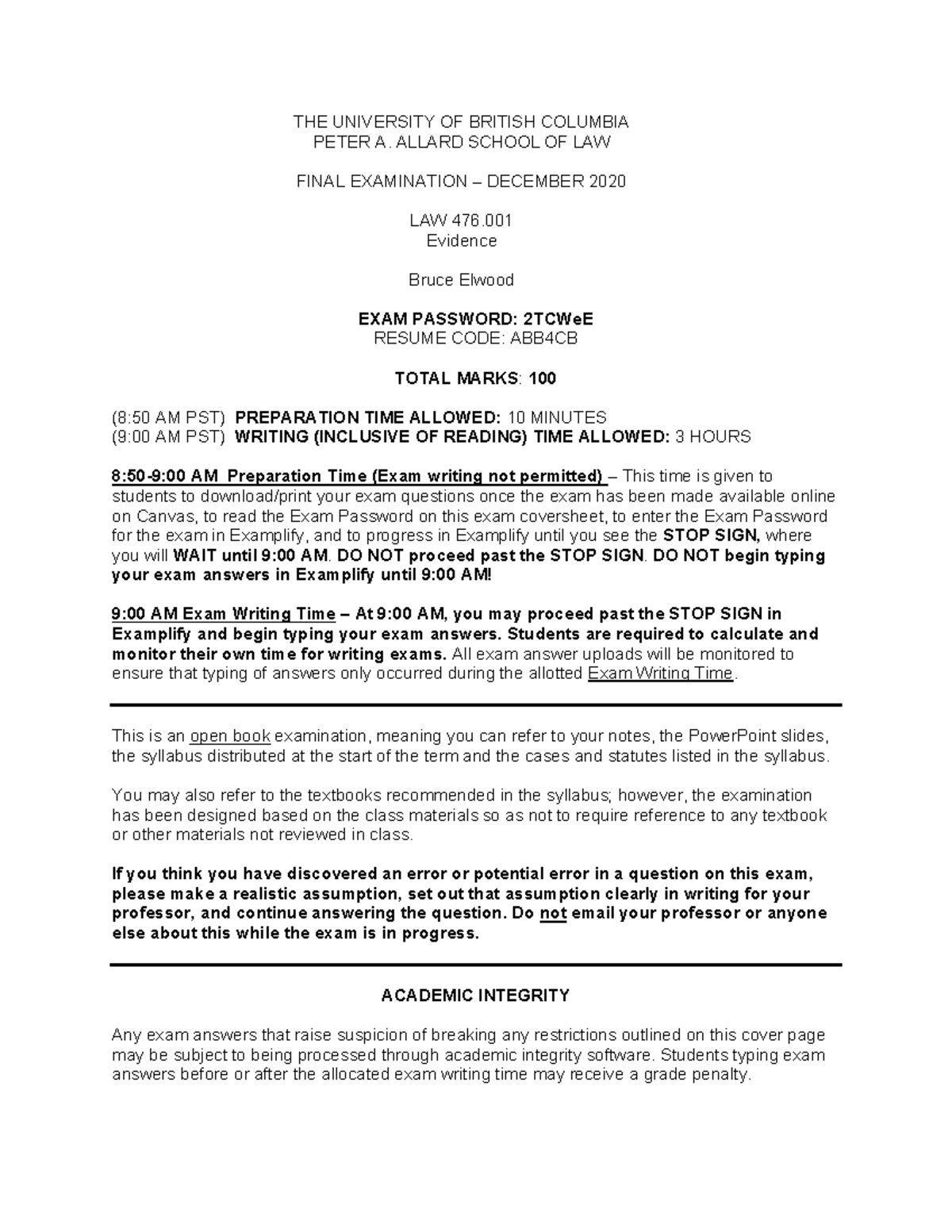 476 - evidence exam - THE UNIVERSITY OF BRITISH COLUMBIA PETER A ...