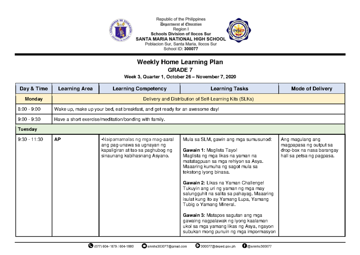 WHLP Grade 7 Q1 Week 3 - Weekly Home Learning Plan GRADE 7 Week 3 ...