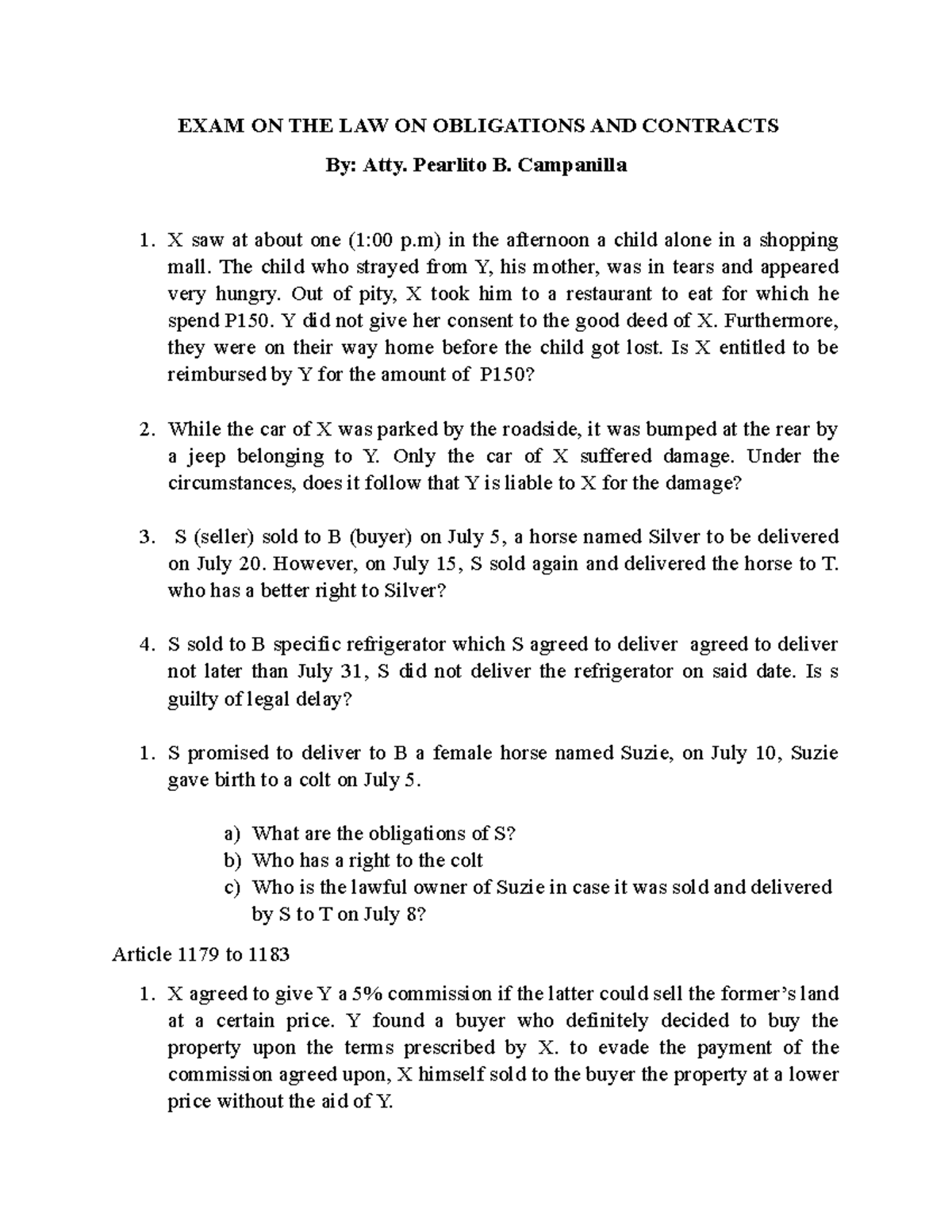 EXAM OBLIGATIONS ON CONTRACT - EXAM ON THE LAW ON OBLIGATIONS AND ...