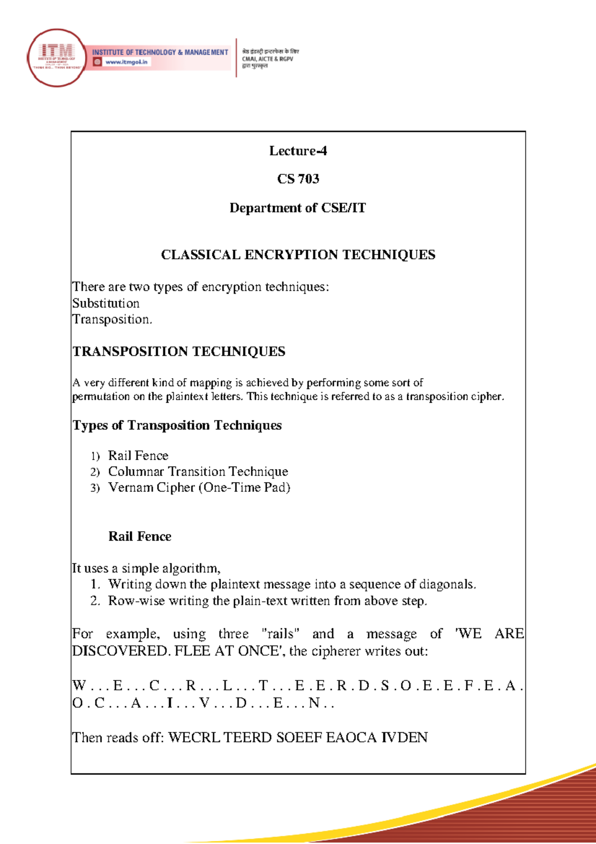 4 Transposition Techniques Lecture 4 Cs 703 Department Of Cseit Classical Encryption