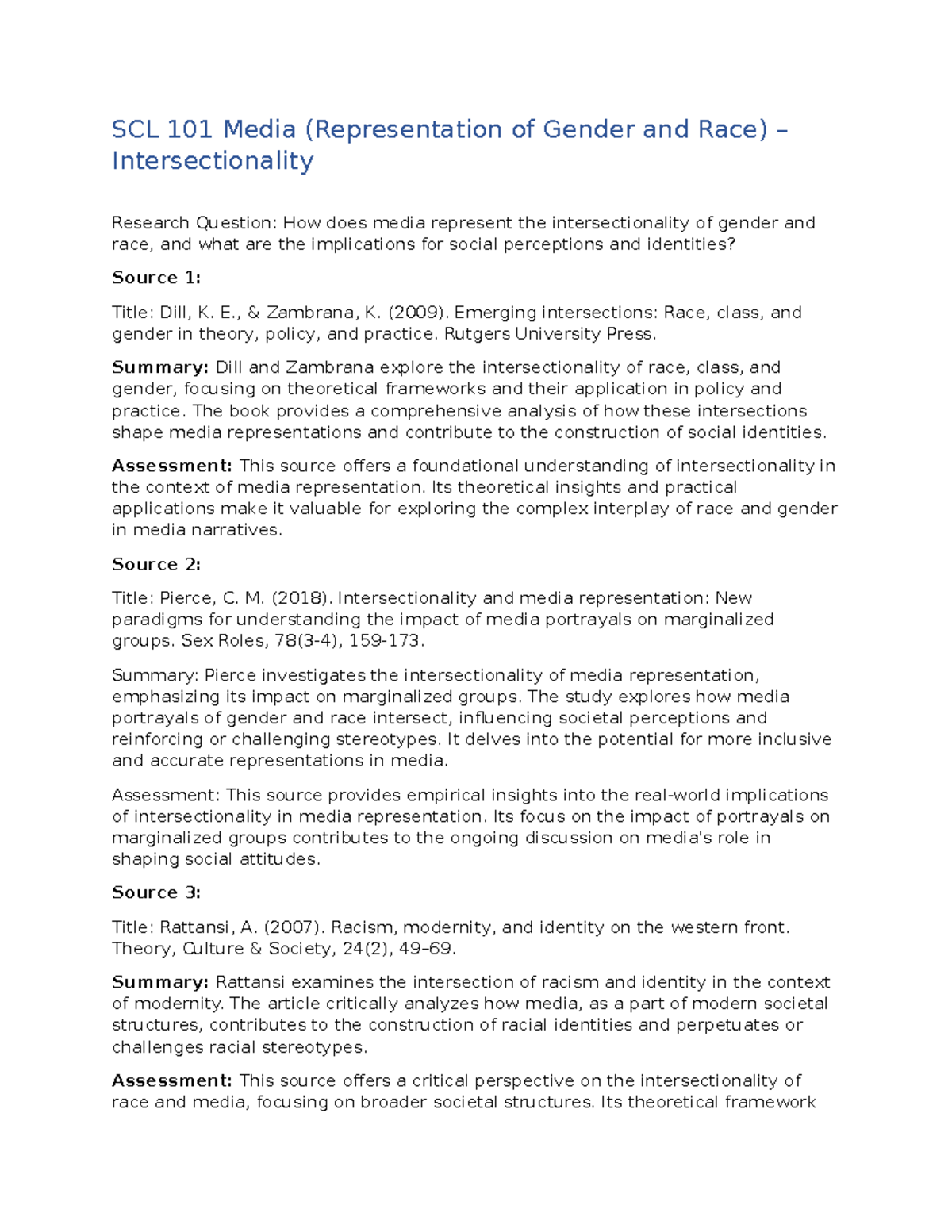 Annotedbiblographyscl 101 - SCL 101 Media (Representation of Gender and ...