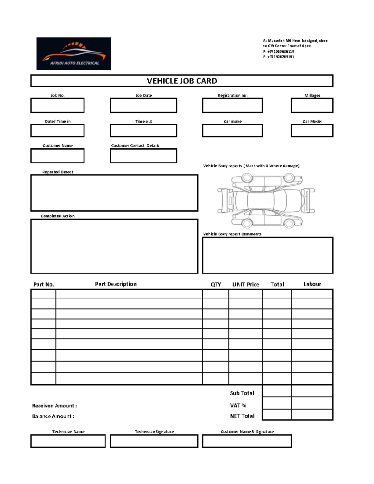 Vehicle JOB CARD - Customer Contact Details Vehicle Body reports ( Mark ...