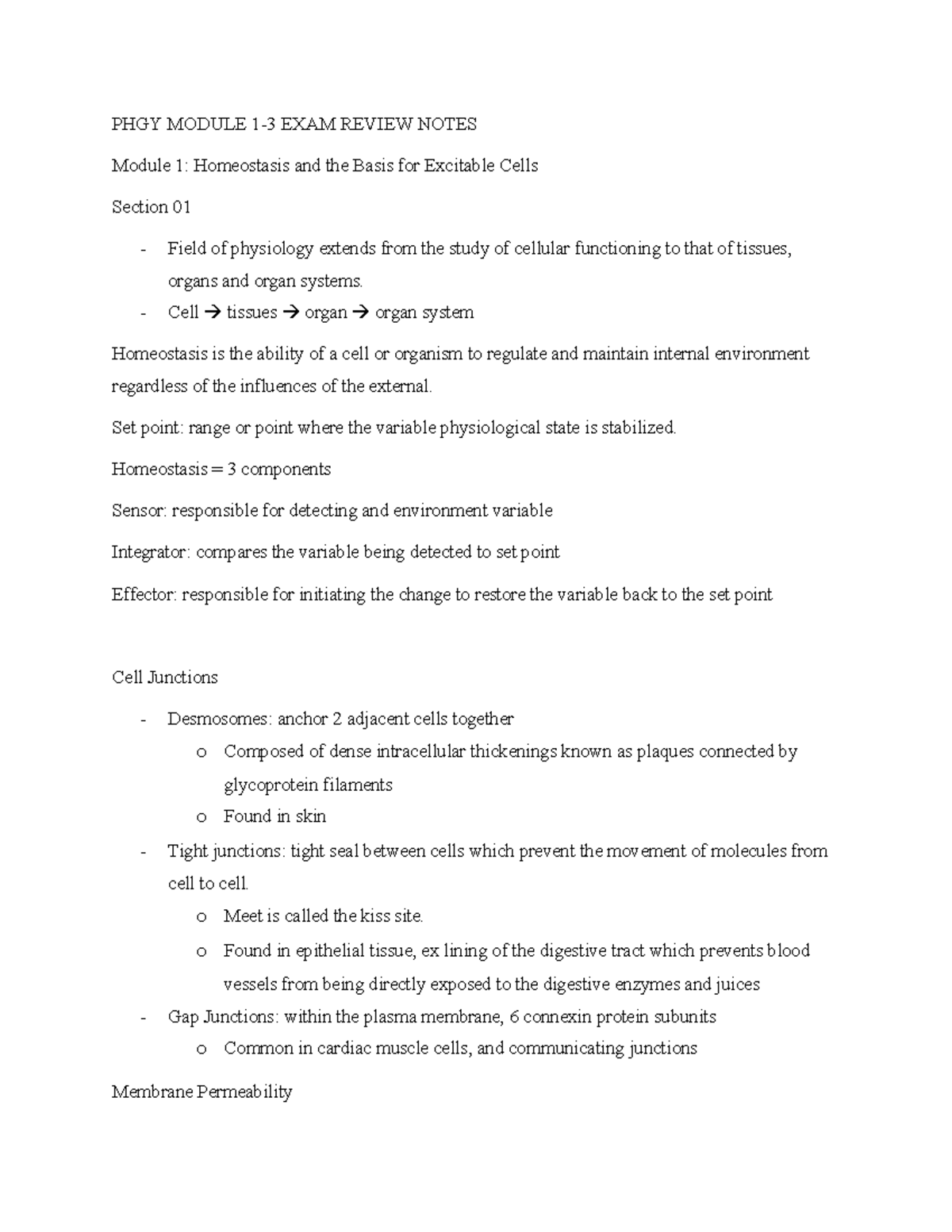 PHGY 215 Module 1 Notes - PHGY MODULE 1-3 EXAM REVIEW NOTES Module 1 ...