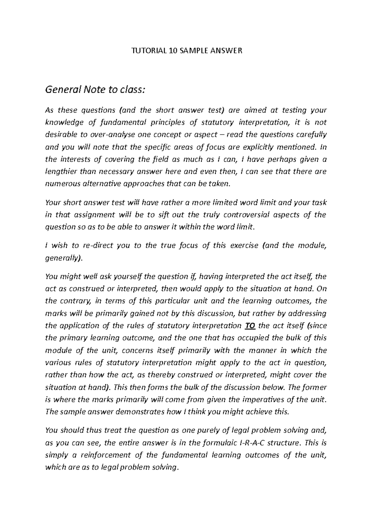 Legal process 2018 tute 10 sample - TUTORIAL 10 SAMPLE ANSWER General ...
