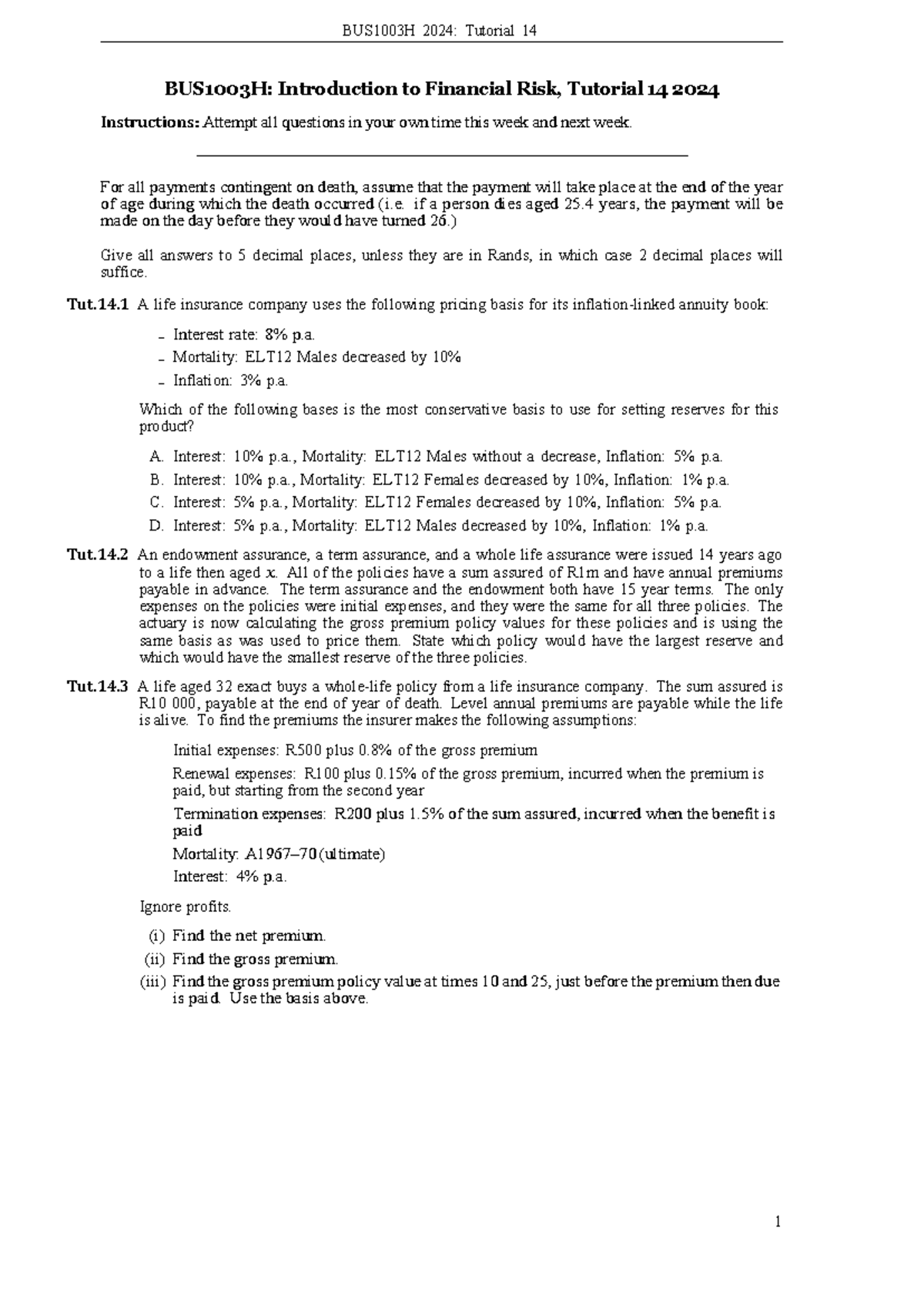 BUS1003H Tutorial 14 - 2024 - BUS1003H 2024 : Tutorial 14 1 BUS1003H ...