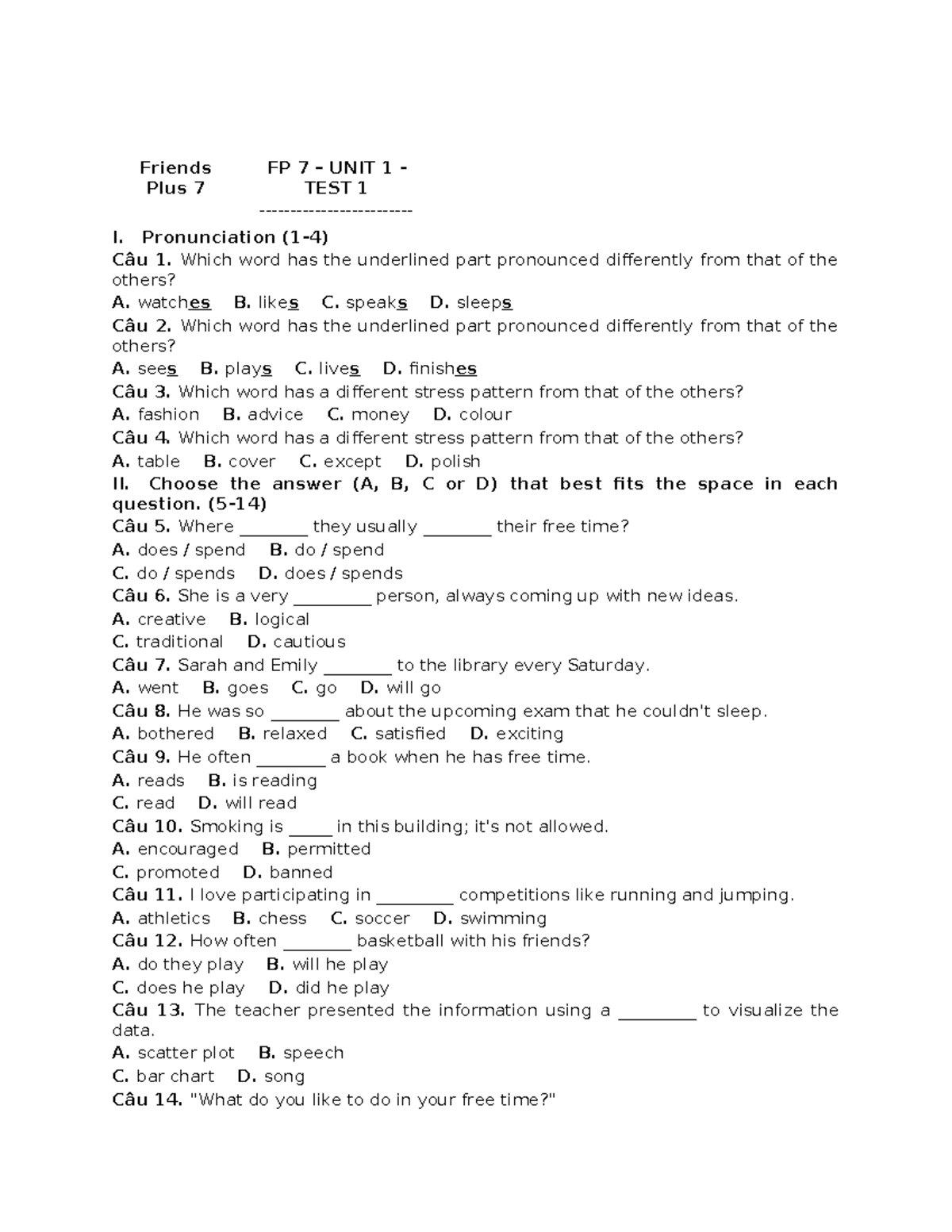 Test 1- Unit 1 - test - Friends Plus 7 FP 7 – UNIT 1 - TEST 1 - I ...