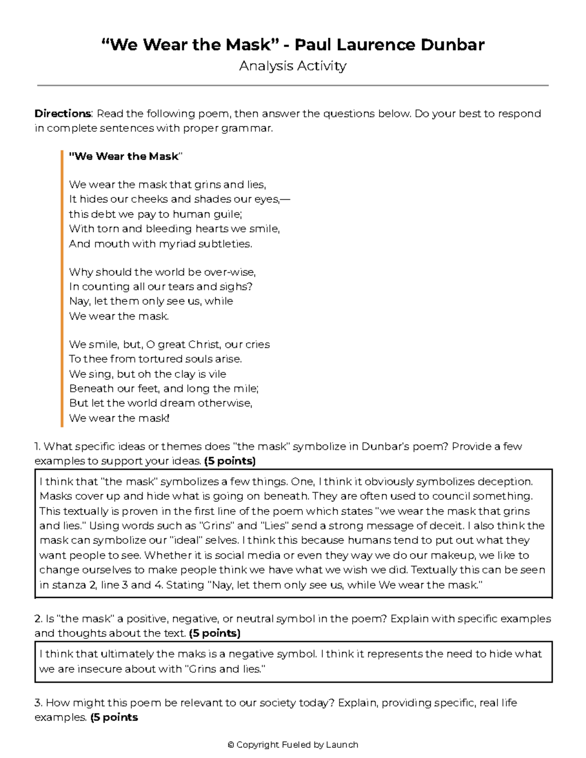 Copy of “We Wear the Mask” - Analysis - “We Wear the Mask” - Paul ...