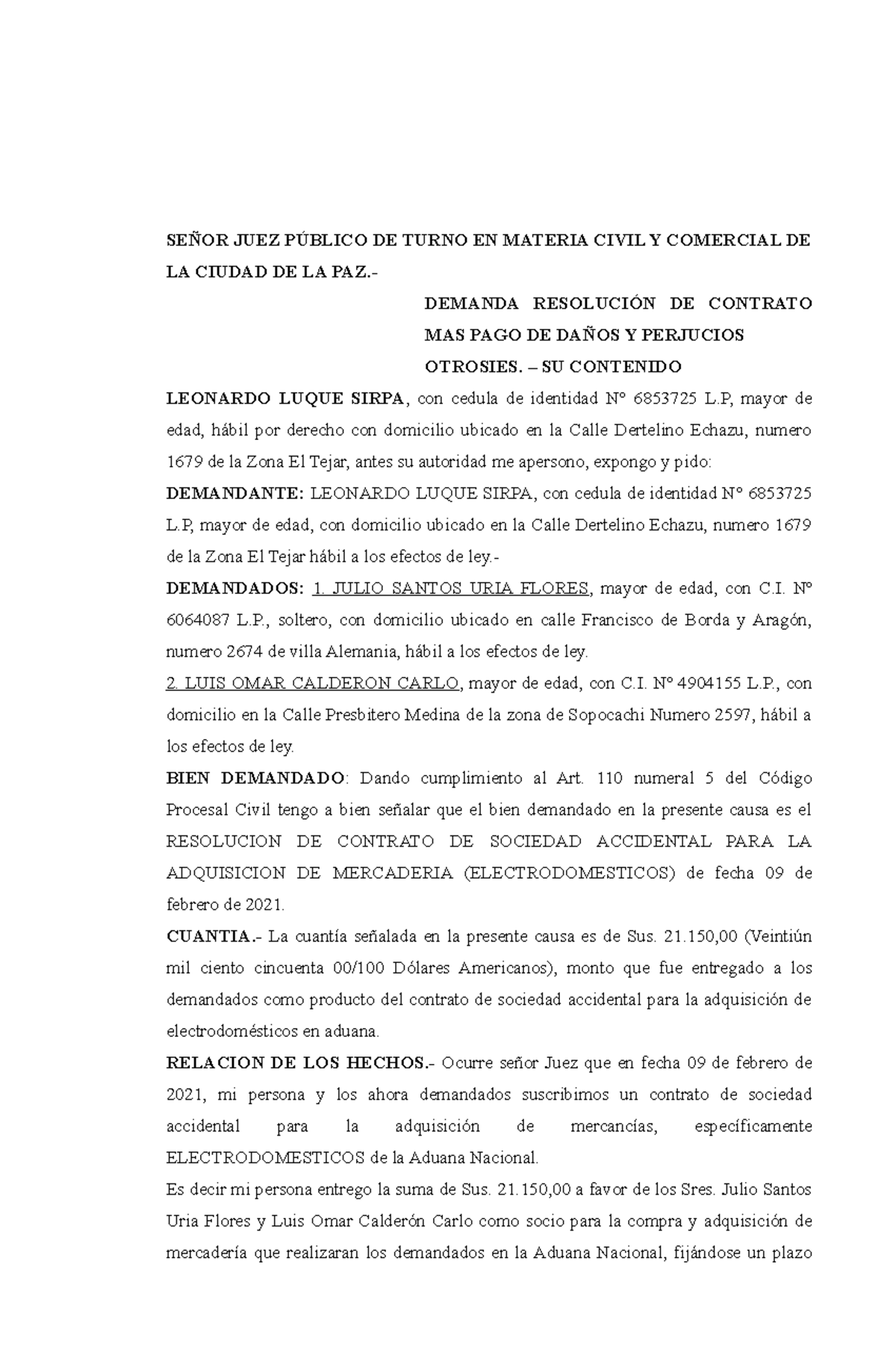 Modelo DE Resarcimiento DE Contrato POR Incumplimiento - SEÑOR JUEZ ...
