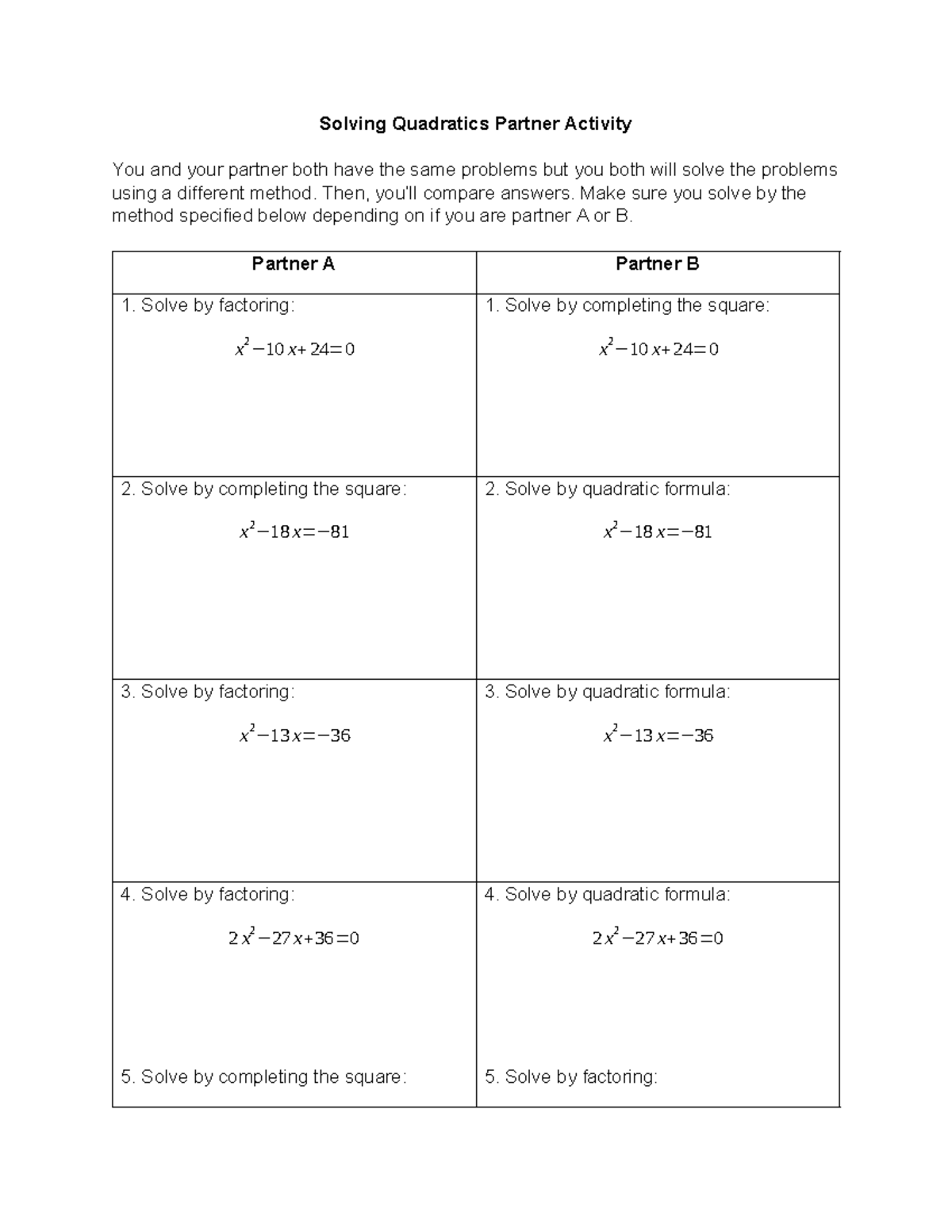 Solving Quadratics Partner Activity - Then, you’ll compare answers ...