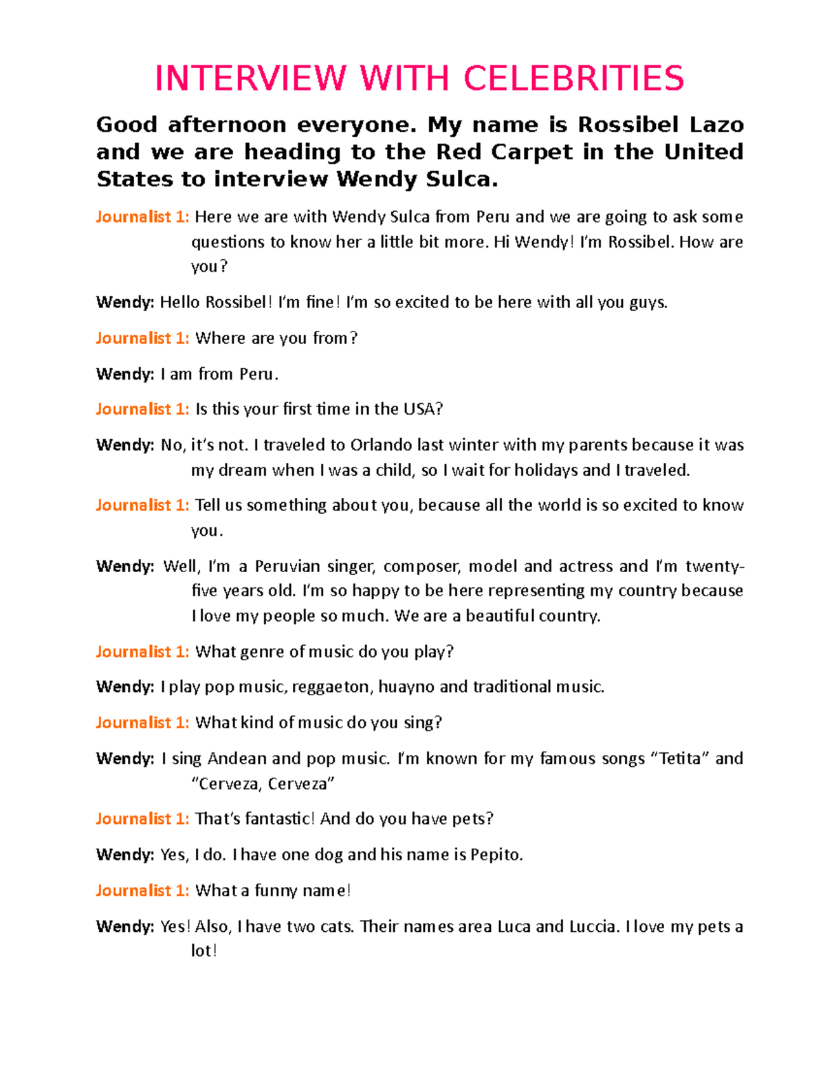 English Proyect. Interview. Wendy. Sulca - INTERVIEW WITH CELEBRITIES ...