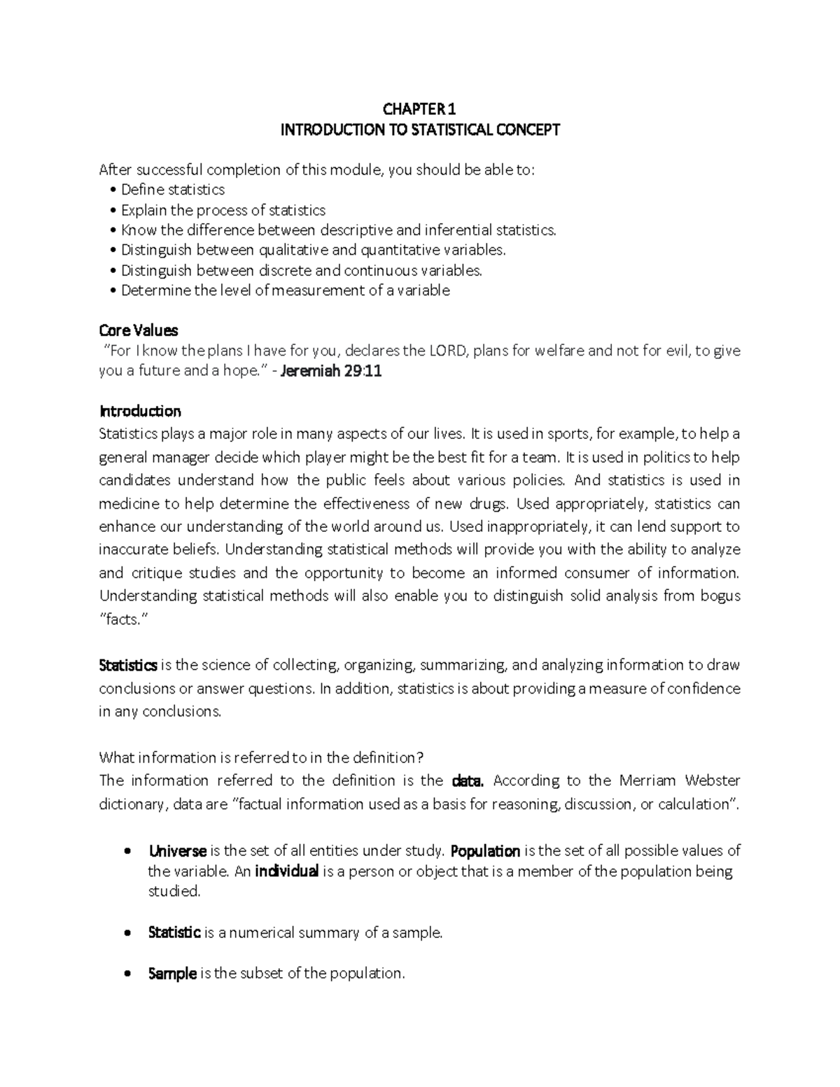 Chapter 1 - notes - CHAPTER 1 INTRODUCTION TO STATISTICAL CONCEPT After ...