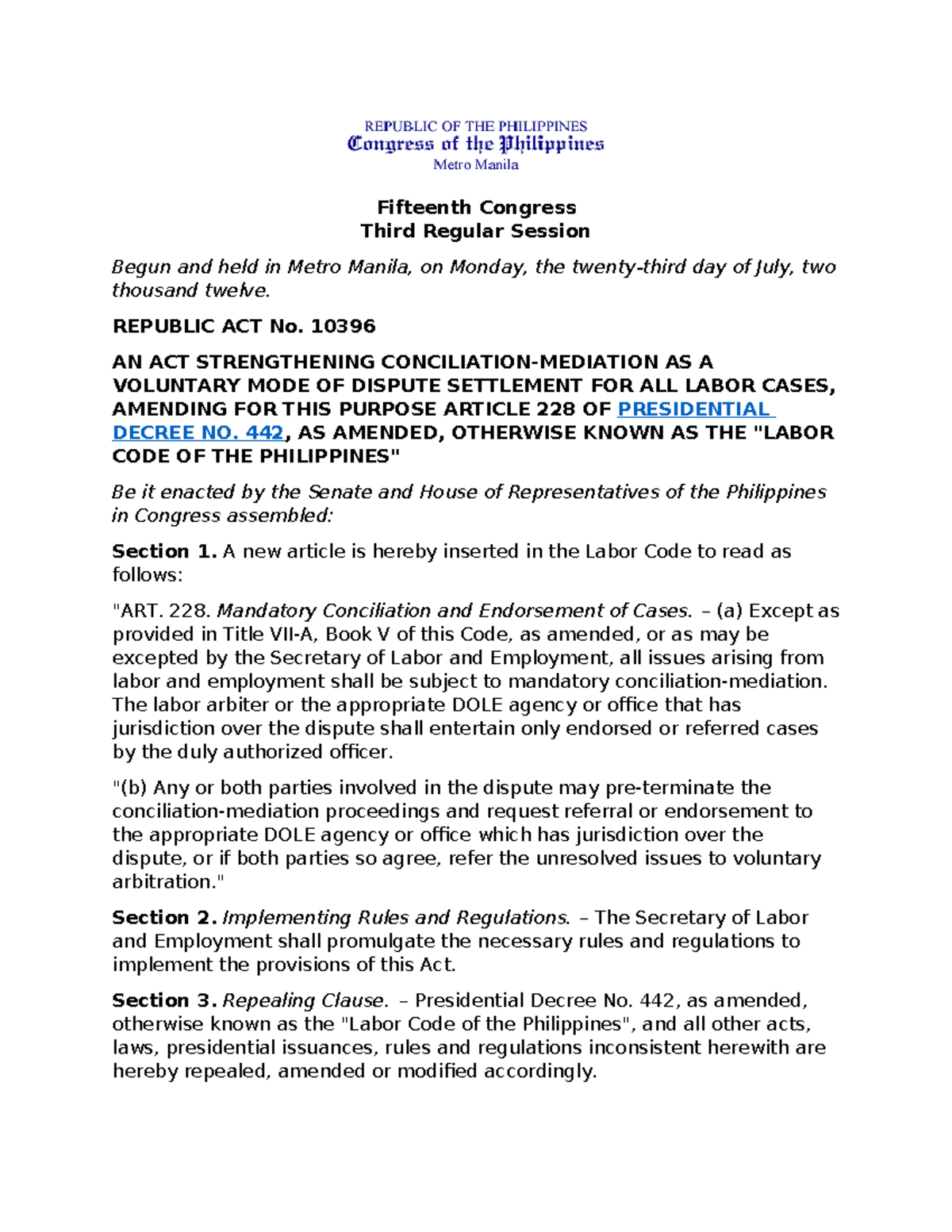 R - None - Fifteenth Congress Third Regular Session Begun and held in ...
