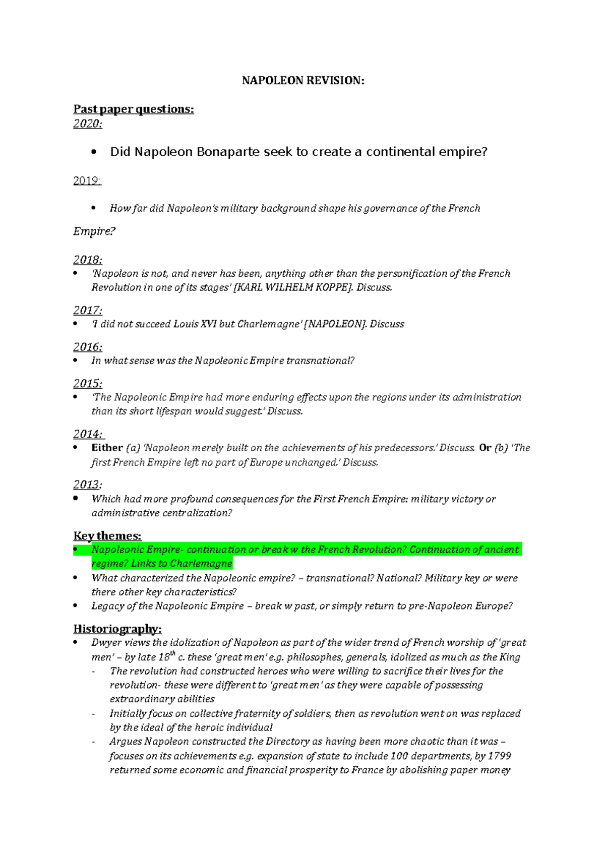 Napoleon Revision - NAPOLEON REVISION: Past paper questions: 2020: Did ...
