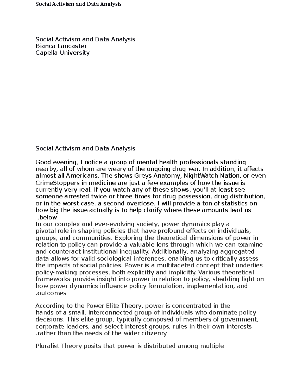 Social Activism and Data Analysis 1Bianca Lancaster-2 - RSCH7864 - CU - Studocu