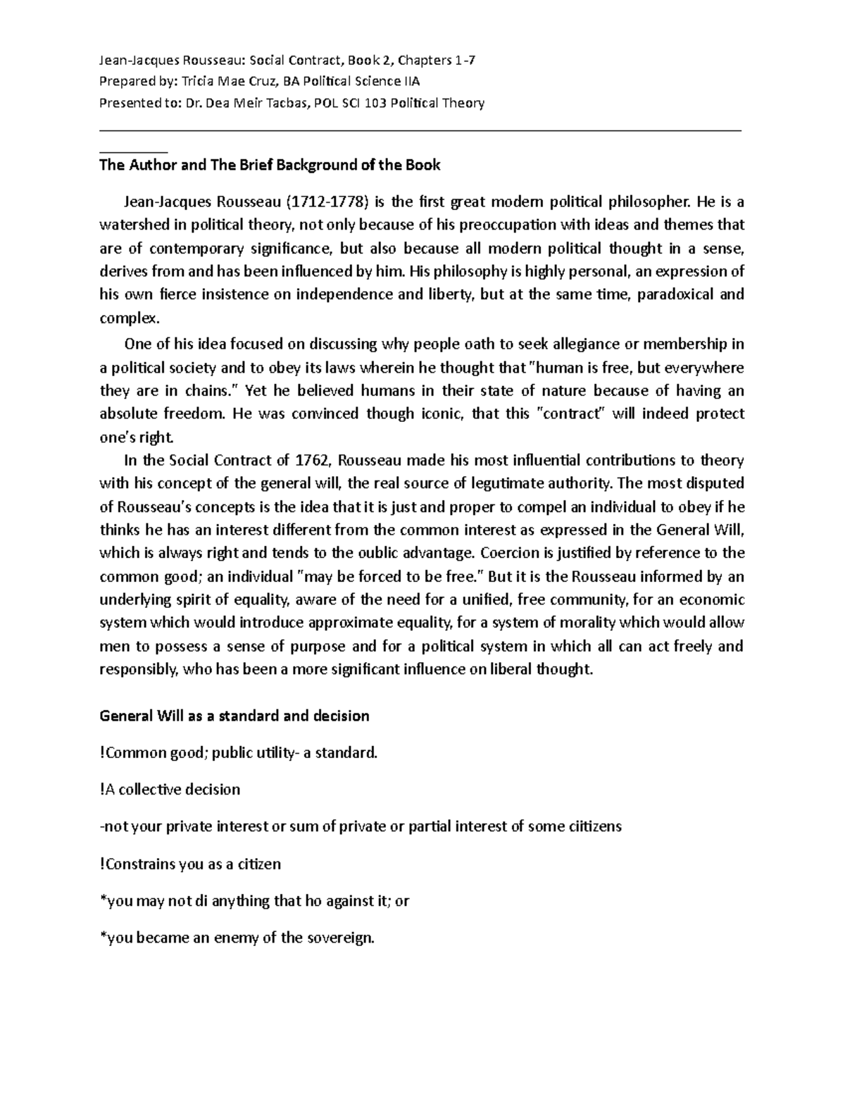 Cruz, Tricia Mae(Rousseau's Social Contract Book 2) - Prepared by ...