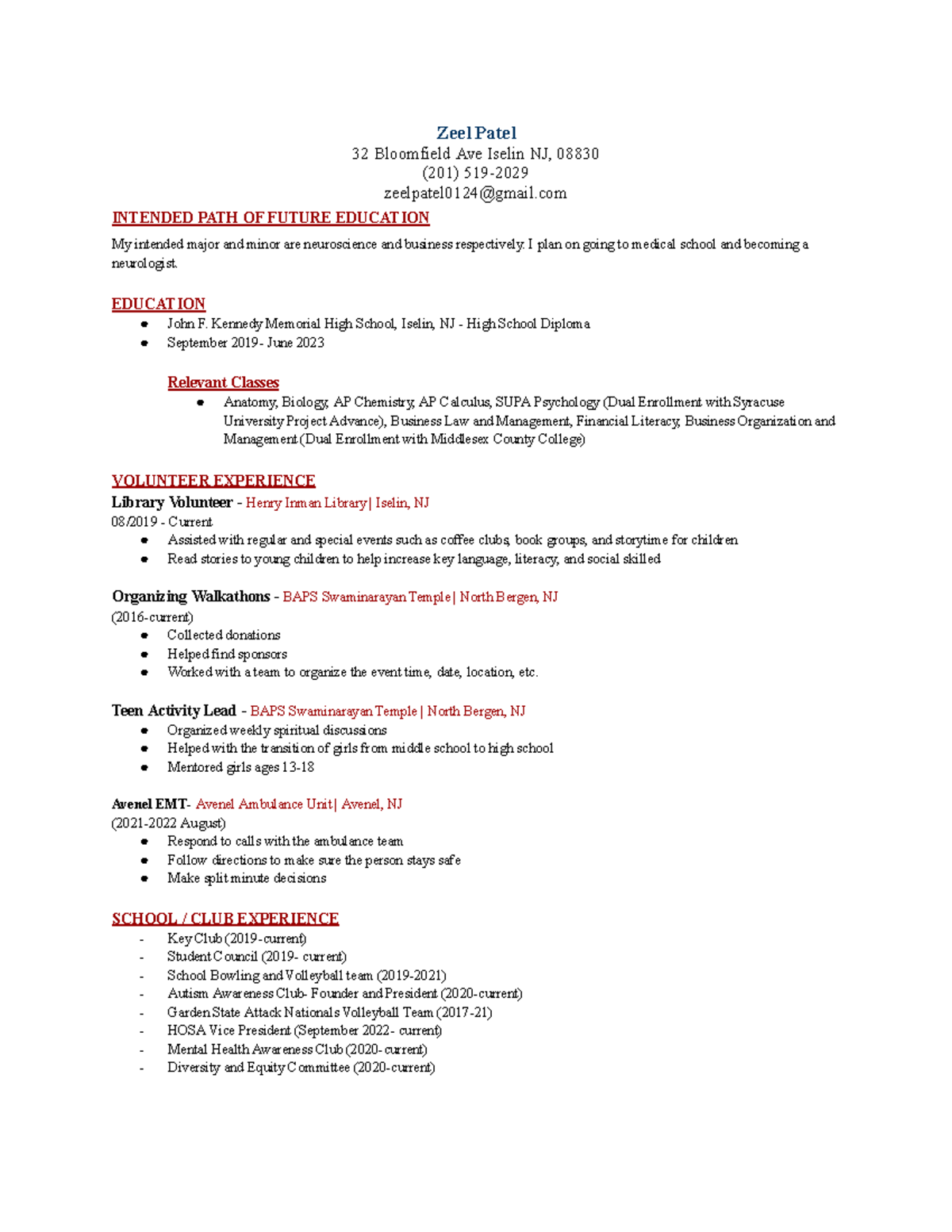 Resume - Zeel Patel 32 Bloomfield Ave Iselin NJ, 08830 (201) 519 ...