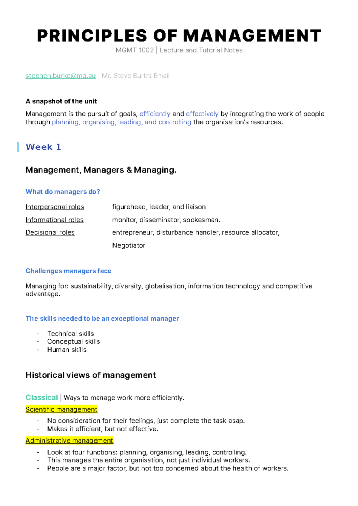 [02] MGMT1002 Notes - Weeks 1 to 5 - PRINCIPLES OF MANAGEMENT MGMT 1002 ...