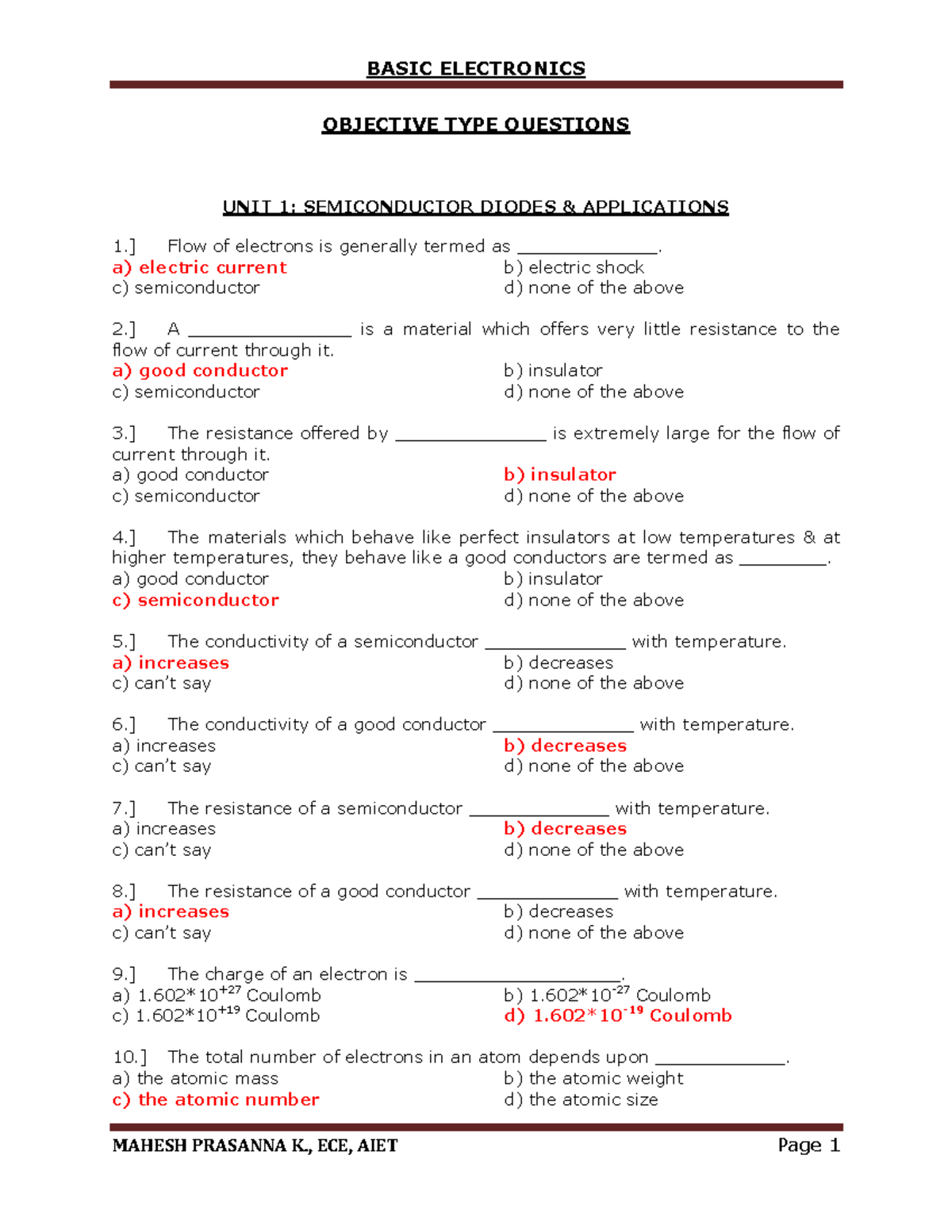 Basic Electronics MCQs - OBJECTIVE TYPE QUESTIONS UNIT 1: SEMICONDUCTOR DIODES & APPLICATIONS ...