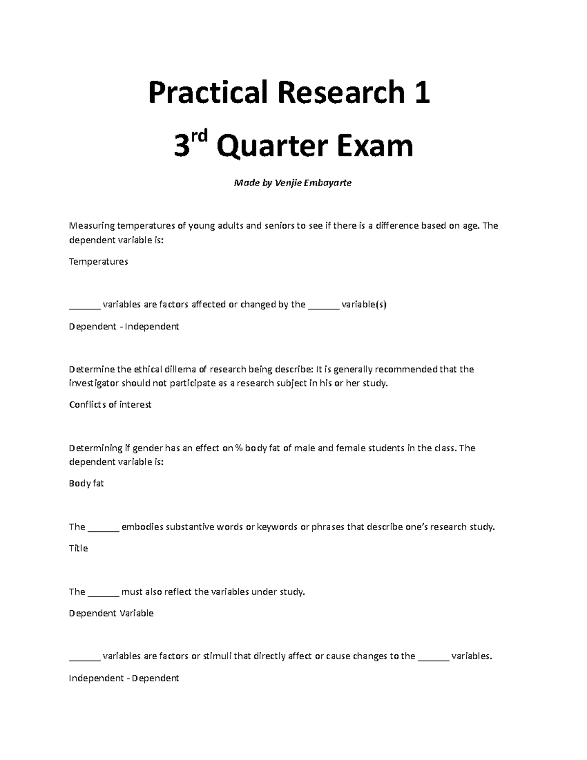 Practical Research 1 Exam - Practical Research 1 3 rd Quarter Exam Made ...