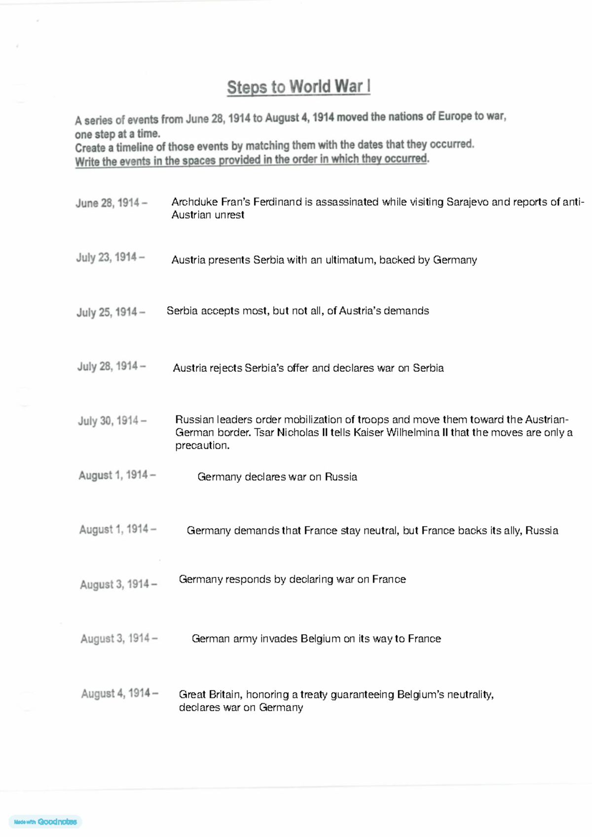 Steps to World War I - Chronological order - Archduke Fran’s Ferdinand ...
