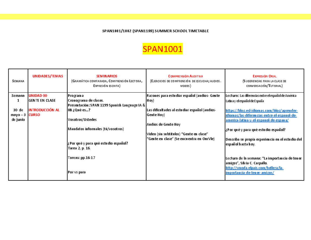 Programa SPAN1001 y SPAN1002 - SPAN1001/1002 (SPAN1199) SUMMER SCHOOL TIMETABLE SPAN10 01 SEMANA ...