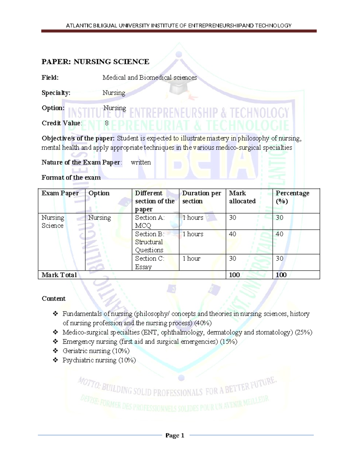 Nursing Science - examination matiral - ATLANTIC BILIGUAL UNIVERSITY ...