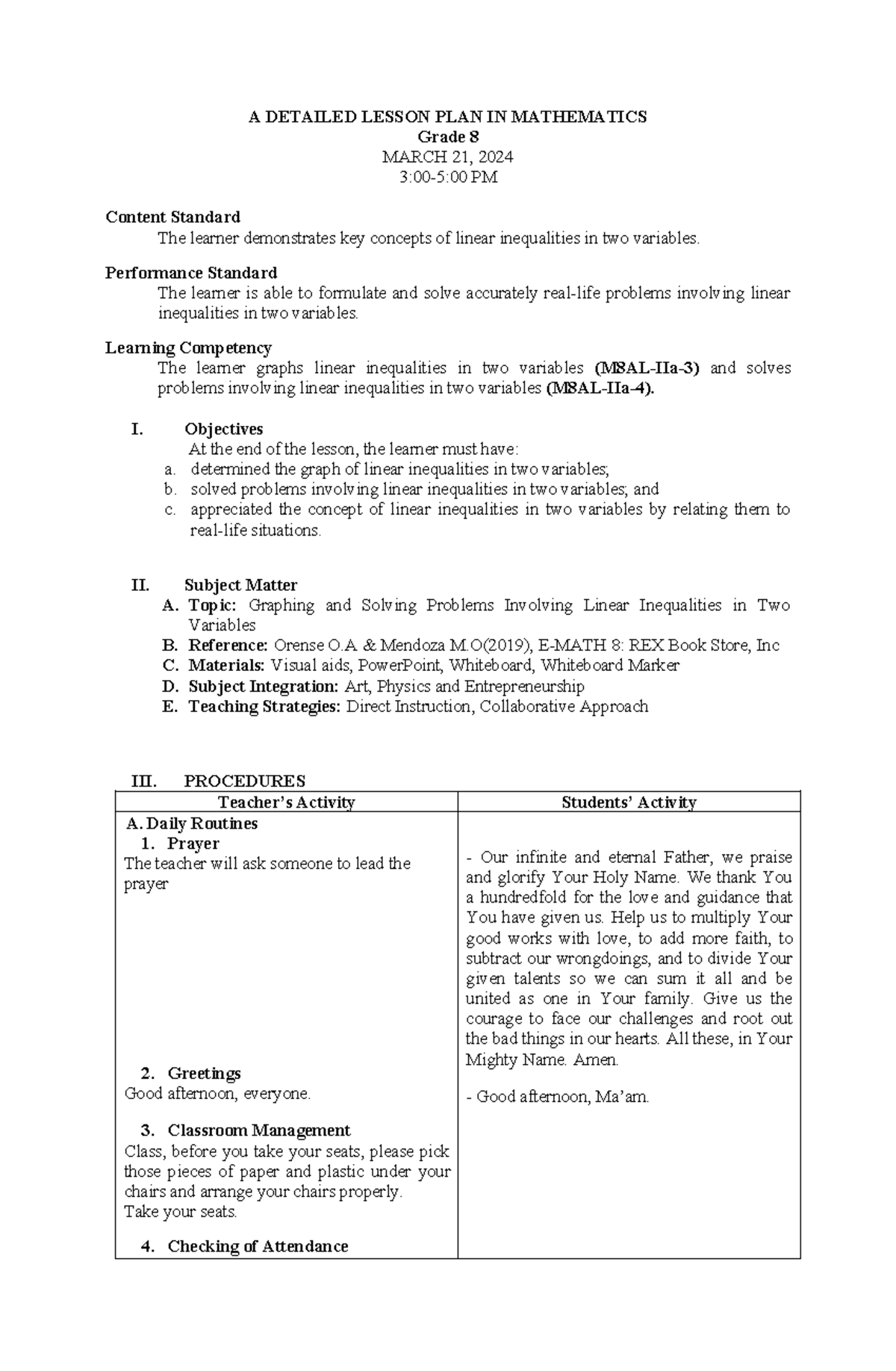 DLPMath 8 - DLP - A DETAILED LESSON PLAN IN MATHEMATICS Grade 8 MARCH ...