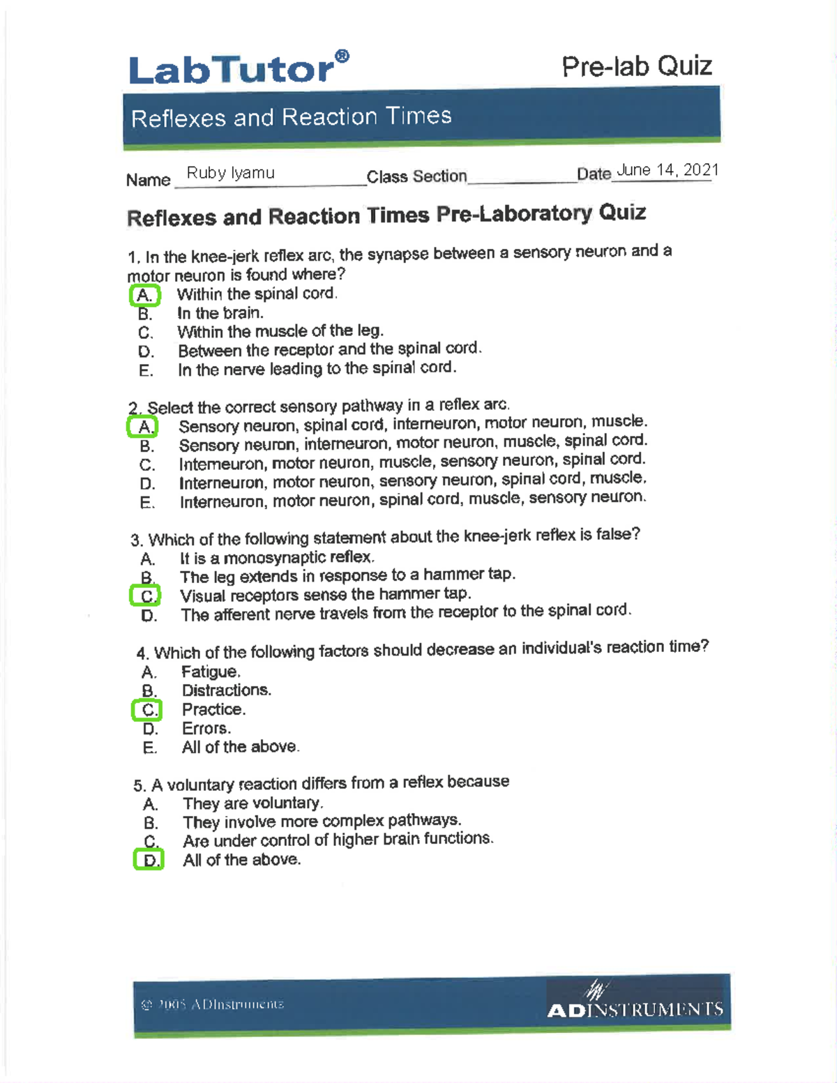 Lab 5 Reflex and Reaction times Quiz - LabTutor Quiz Reflexes and ...