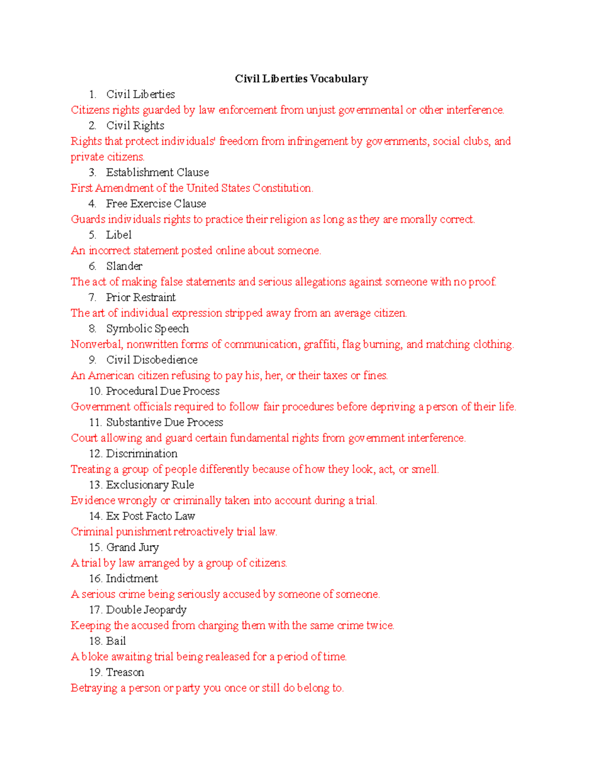 Civil Liberties Vocabulary - Civil Liberties Vocabulary Civil Liberties ...