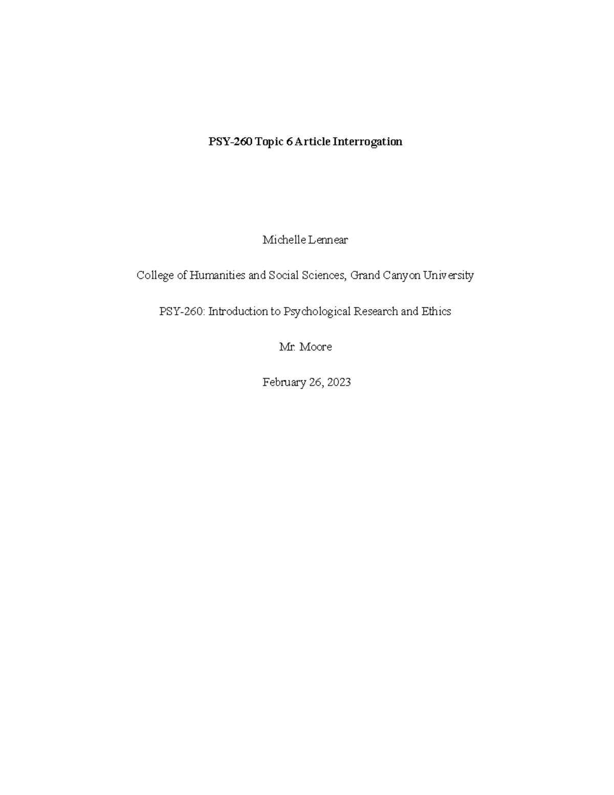 PSY-260 Article Interrogation - PSY-260 Topic 6 Article Interrogation Michelle Lennear College ...