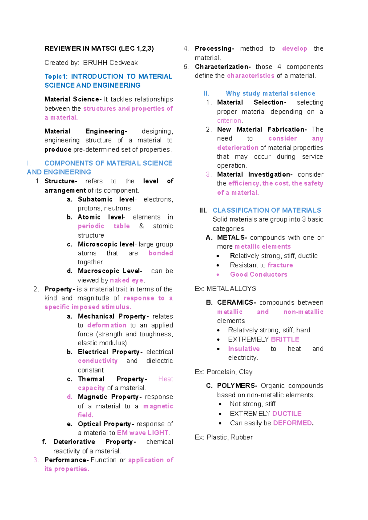 Reviewer IN Matsci - REVIEWER IN MATSCI (LEC 1,2,3) Created by: BRUHH ...